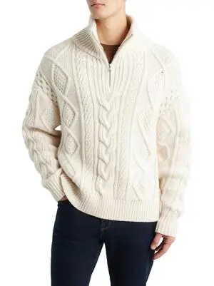 FRAME Oversized Chunky Cabled Wool & Cashmere Half Zip Sweater