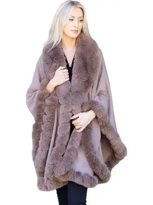 LE FAFO Wool Poncho With Faux Fur Trim Mocha