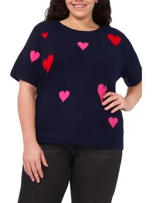 CECE DUPRAZ Heart Print Short Sleeve Sweater Classic Navy