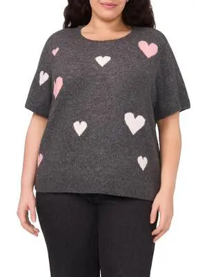 CECE DUPRAZ Heart Print Short Sleeve Sweater - Medium Heather Grey