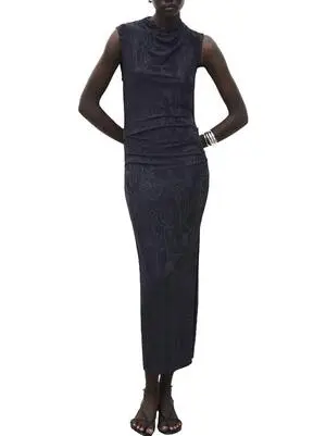 Mango Draped Embroidered Sleeveless Midi Dress - Navy