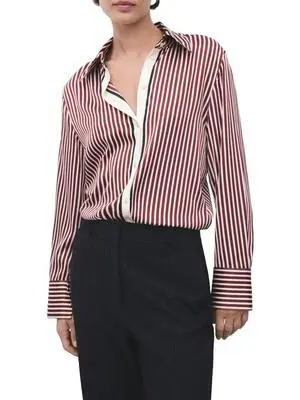 Mango Striped Button-Up Shirt Maroon