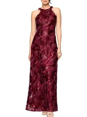 Betsy & Adam Sequin Soutache Sheath Gown - Burgundy