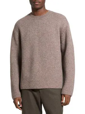 Theory Oversized Ribbed Wool And Cotton Crewneck Sweater - Feather Melange