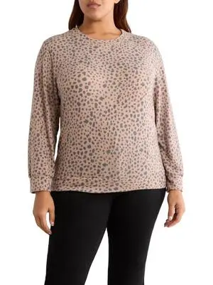 Loveappella Brushed Animal Print Long Sleeve Crewneck Top - Blush/charcoal