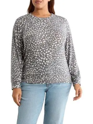Loveappella Animal Print Long Sleeve Crewneck Top - Charcoal/ivory