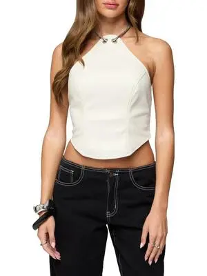 EDIKTED Kizzie Faux Leather Halter Top - Ivory