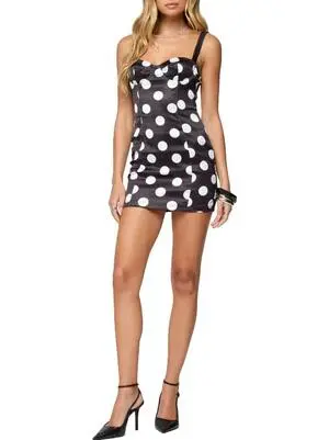 EDIKTED Polka Dot Satin Mini Dress - Black-and-white
