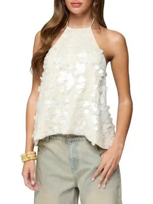 EDIKTED Sequin Halter Top With Open Back - Cream