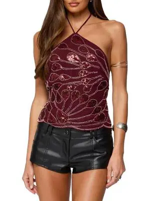 EDIKTED Beaded Sequin Halter Top - Burgundy