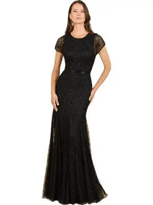 LARA NEW YORK Beaded Mermaid Cap Sleeve Gown - Black
