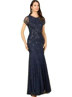 LARA NEW YORK Beaded Mermaid Cap Sleeve Gown - Navy