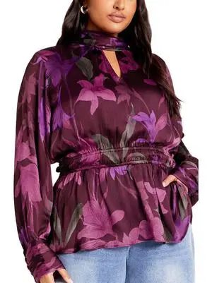 City Chic Della Print Keyhole Top Purple Print