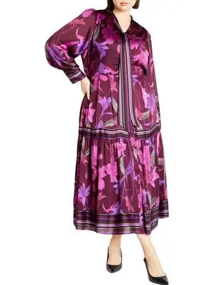 City Chic Amiyah Floral & Stripe Long Sleeve Maxi Dress - Purple Print