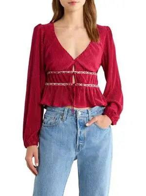 ALL IN FAVOR Tie Front Satin Plissé Top - Wine