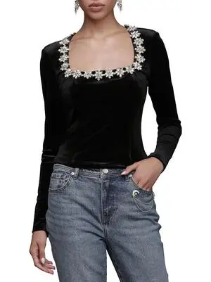 Avec Les Filles Jewel Embellished Velour Top - Black