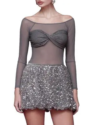 Avec Les Filles Crystal Accented Mesh Top - Grey