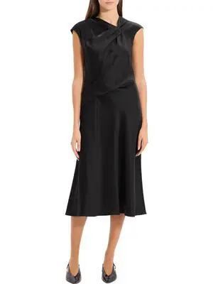 Theory Satin Midi Dress With Twist Bodice Black