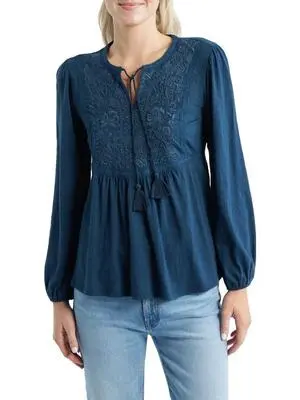 Lucky Brand Floral Embroidered Peplum Top - Moonlit Ocean