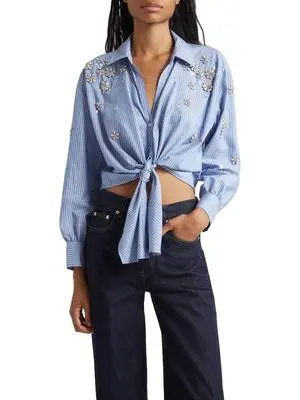 Cinq À Sept Lola Rhinestone Embellished Tie Front Shirt - Blue Multi