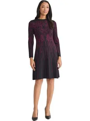 Ming Wang Flared Floral Jacquard Knit Dress - Black/midnight Violet