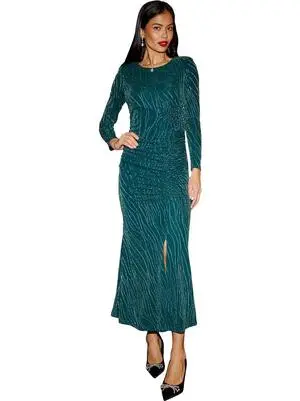 YUMI Mesh Fitted Ruched Midi Dress - Green