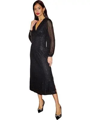 YUMI Sequin Long Sleeve Midi Dress - Black