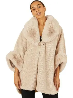 YUMI Textured Faux Fur Lined Cape - Beige