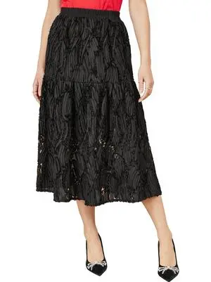 YUMI Mesh Applique Sequin Midi Skirt - Black