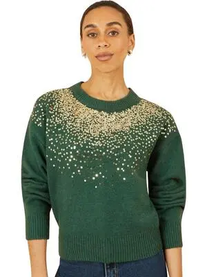 YUMI Relaxed Fit Knit Sequin Sweater - Green