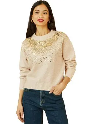 YUMI Relaxed Fit Knit Sequin Sweater - Oatmeal