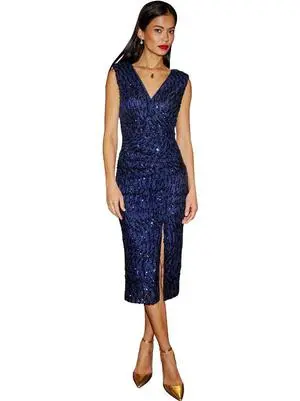 YUMI Sequin Split Hem Fitted Wrap Midi Dress - Navy