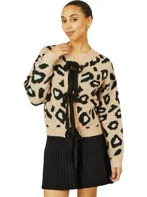 YUMI Animal Print Intarsia Tie Front Cardigan - Beige