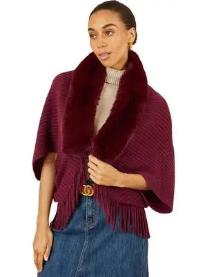 YUMI Faux Fur Collar Tassel Hem Shrug - Burgundy
