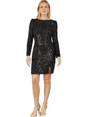 YUMI Sequin Long Sleeve Fitted Dress - Black