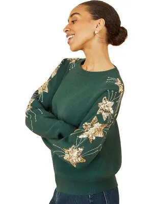 YUMI Sequin Star Relaxed Fit Sweater - Green