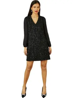 YUMI Sequin Tunic Dress With Bow - Black
