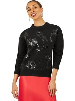 YUMI Relaxed Fit Floral Sequin Sweater - Black