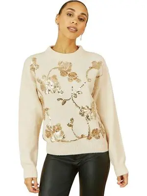 YUMI Relaxed Fit Floral Sequin Sweater - Oatmeal