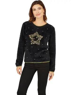 YUMI Fluffy Star Holiday Sweater - Black
