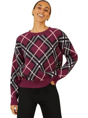 YUMI Argyle Check Relaxed Sweater - Burgundy