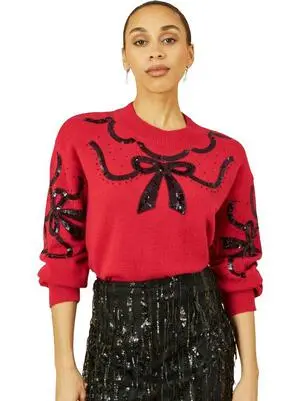 YUMI Sequinned Bow Neckline Sweater - Red