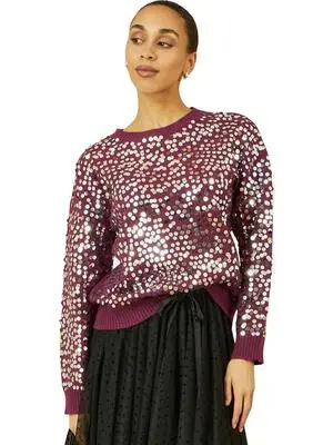 YUMI Sequin Relaxed Fit Sweater - Burgundy