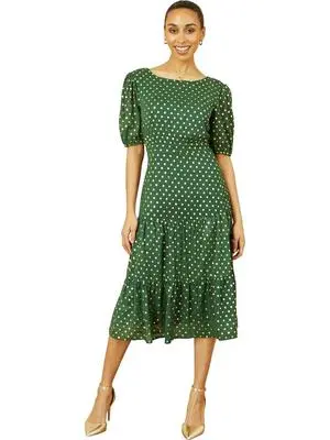 YUMI Foil Spot Tiered Midi Dress - Green