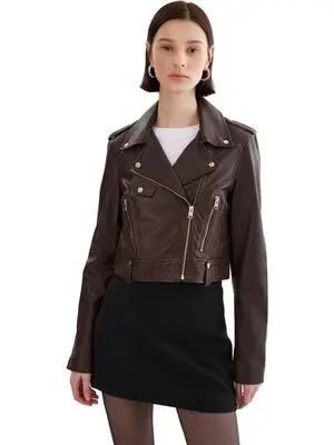 LAMARQUE Ciara Cropped Leather Biker Jacket - Dark Brown