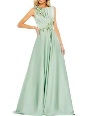 Mac Duggal Floral Applique A-line Gown - Sage