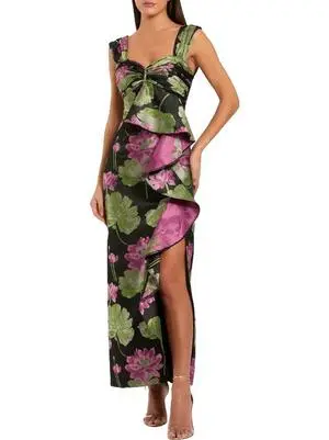 Mac Duggal Brocade Ankle Dress With Ruffle Detail - Black Multi