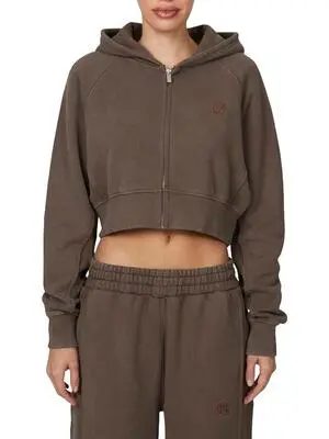 GOOD FOR NOTHING Ribbed Emblem Crop Zip Hoodie - Brown