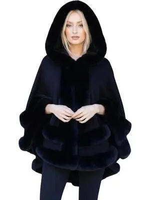 LE FAFO Hooded Wool Cape Poncho - Black