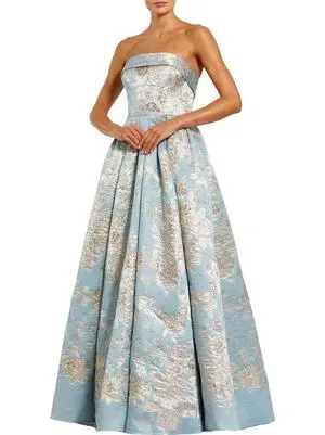 Mac Duggal Floral Brocade Strapless A-line Ballgown - Blue Multi